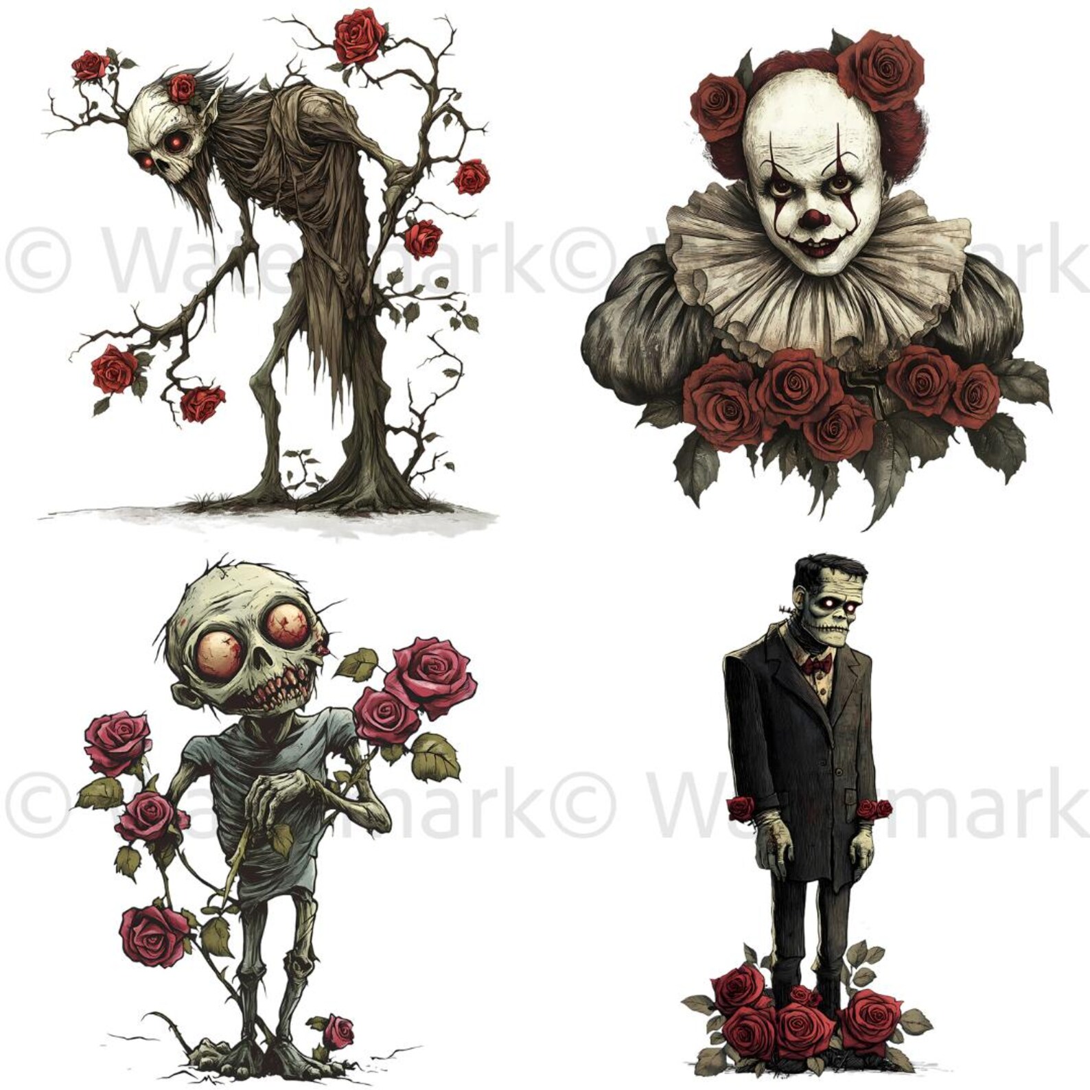 Gothic Creatures Clipart: Watercolor Red Roses, Skeleton, Monster PNG ...