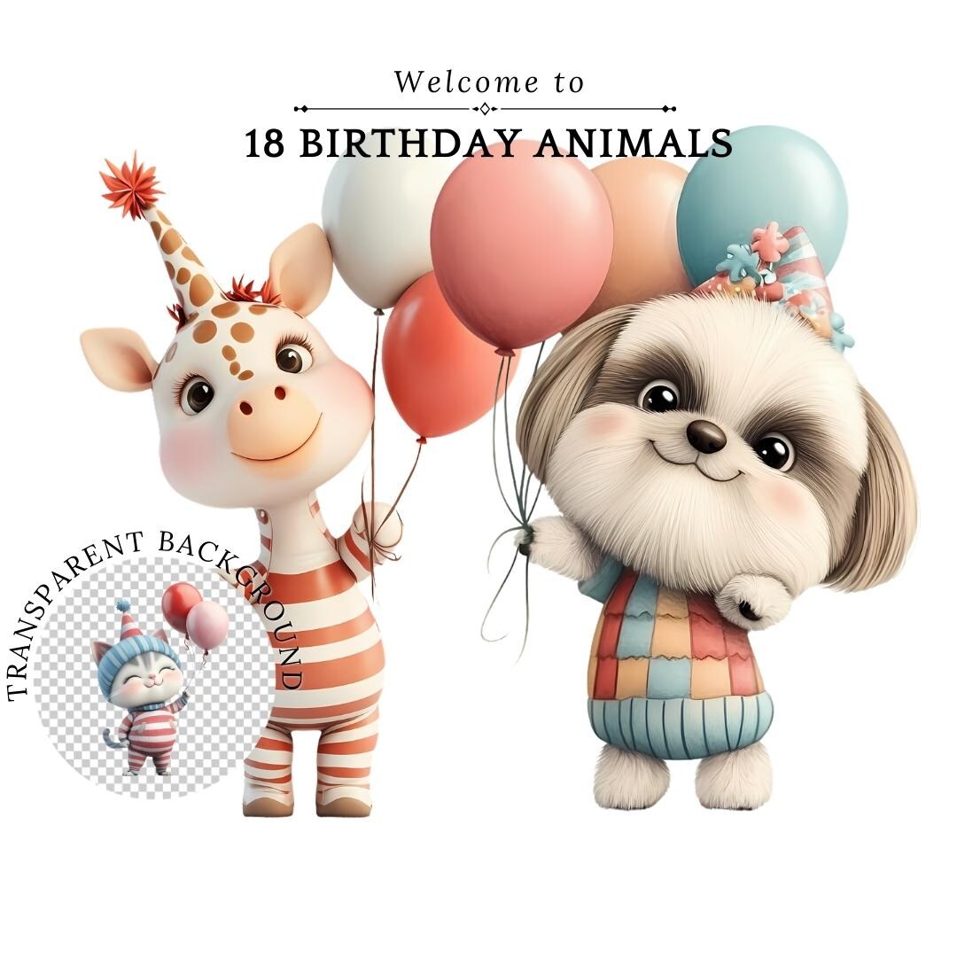 Cute Birthday Animals 3D Digital PNG, Animals Clip Art, Birthday ...