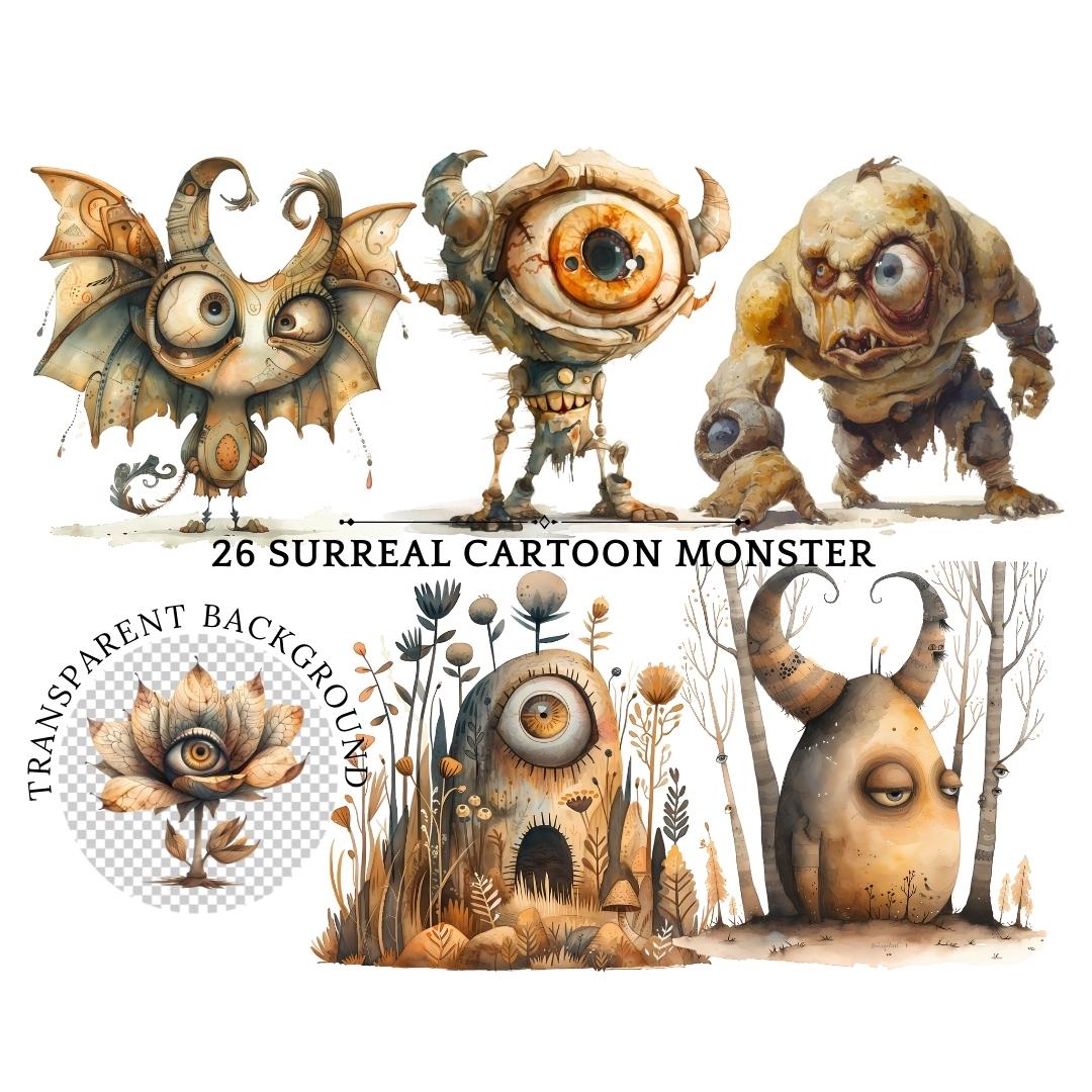 Watercolor Monster Clipart Set: Surreal Halloween Characters (digital ...
