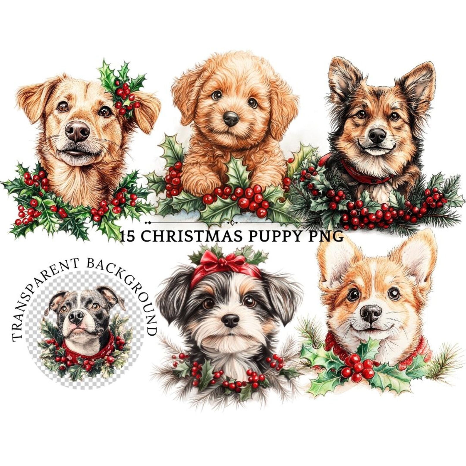Christmas Puppy Clipart: Vintage Holiday Dog PNG (digital Download) - Etsy