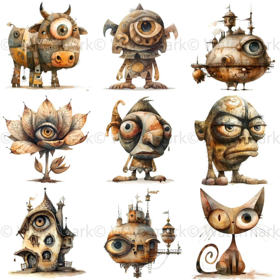 Watercolor Monster Clipart Set: Surreal Halloween Characters (digital ...