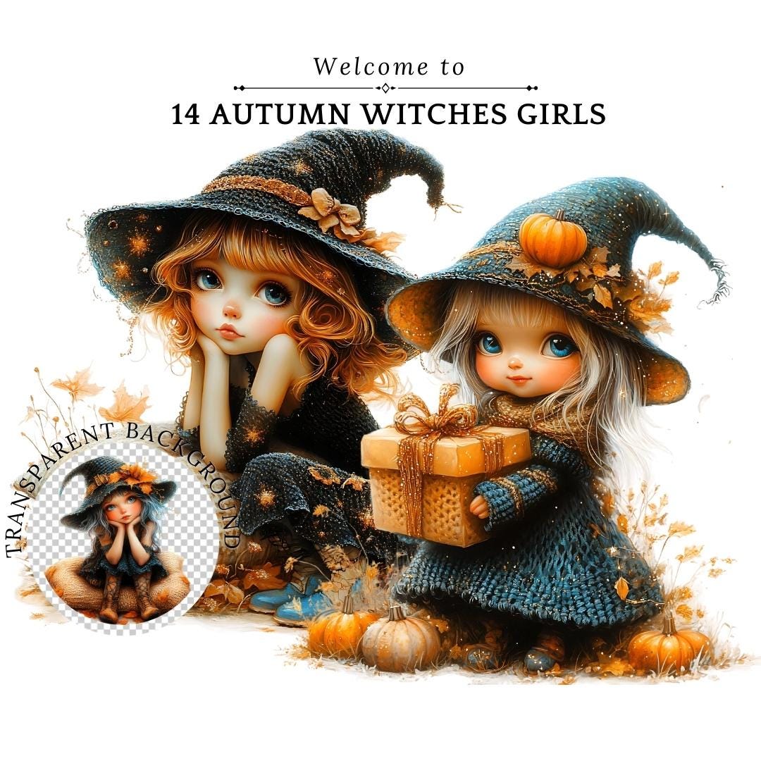 14 Autumn Witch Girls Clipart in Cozy Hats With Pumpkins, Autumn ...