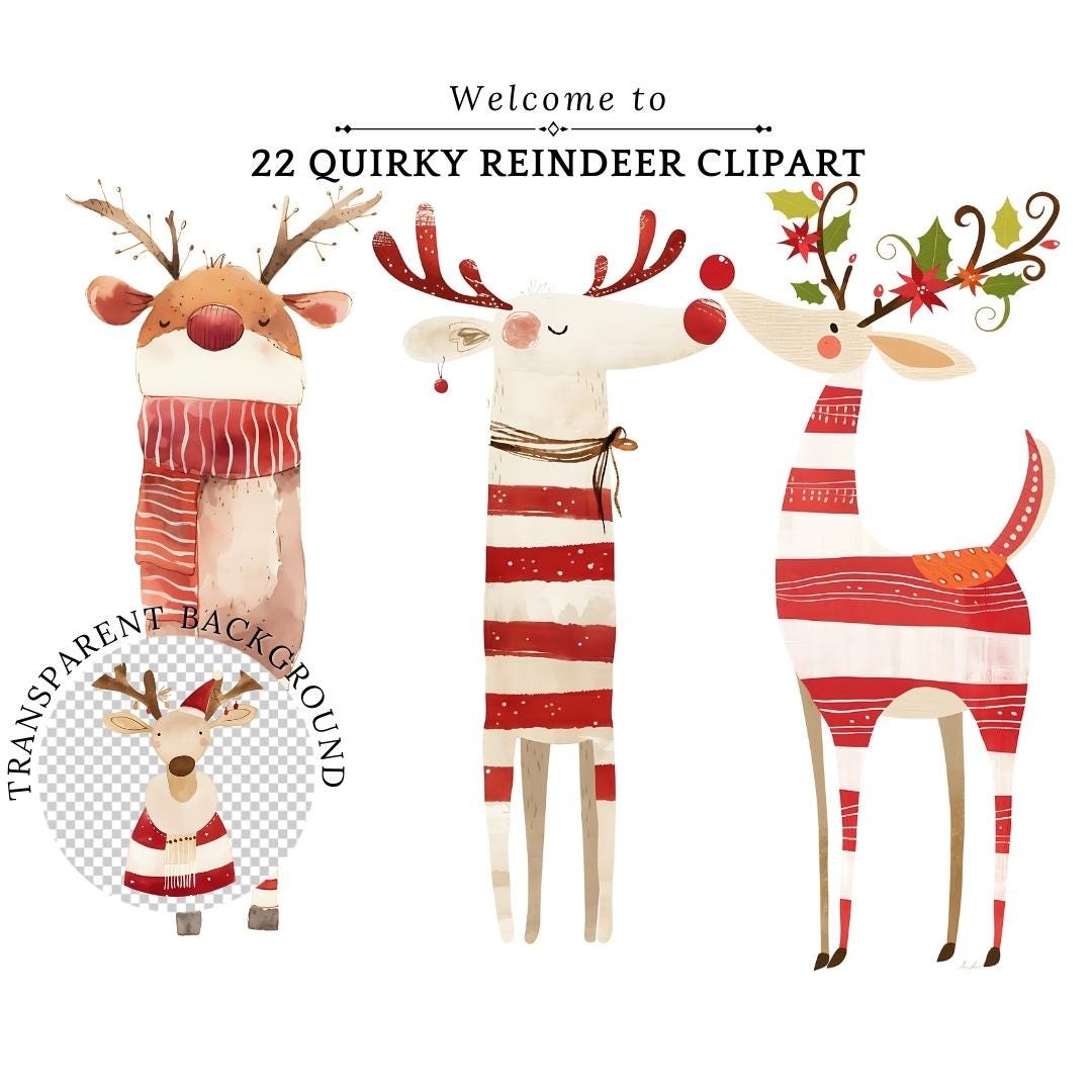 Quirky Reindeer Clipart - Funny Christmas Graphics - Watercolor ...