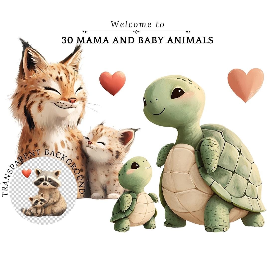 Watercolor Mama and Baby Animals Clipart - Cute Kawaii Clipart for ...