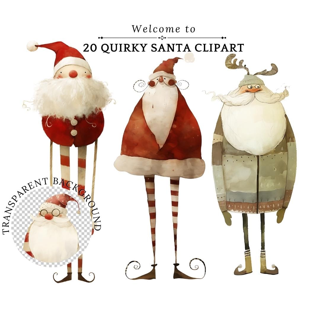 Watercolor Santa Clipart: Quirky Christmas Illustrations (digital ...