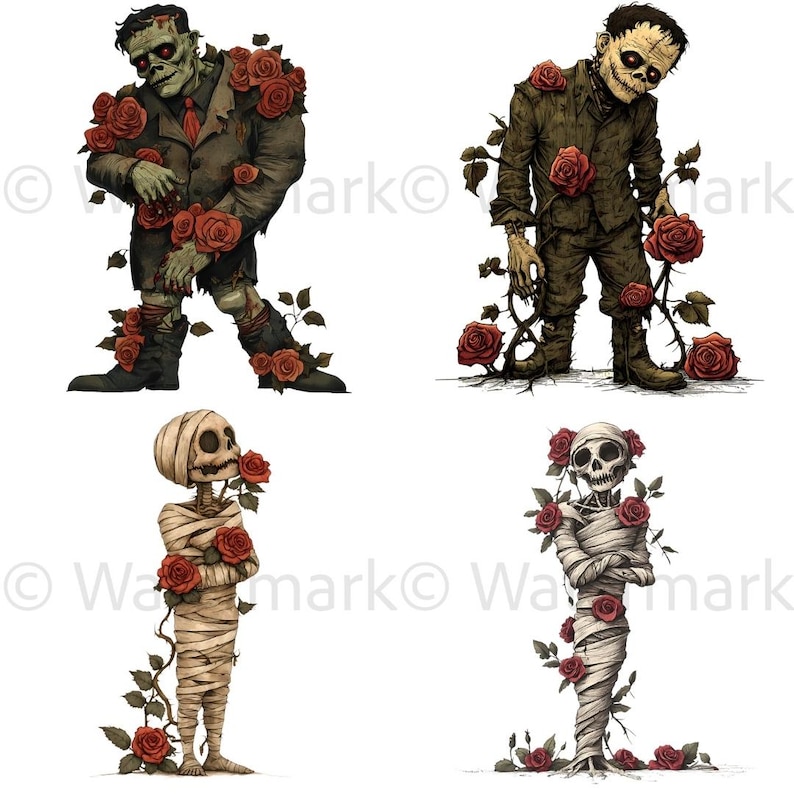 Gothic Creatures Clipart: Watercolor Red Roses, Skeleton, Monster PNG ...