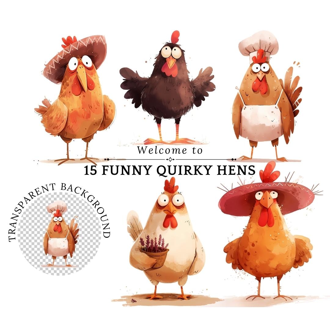 Watercolor Quirky Chicken PNG Clipart: Funny Bird Designs (digital ...