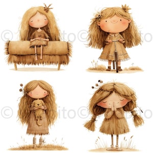 Whimsy Flower Girl Clipart, Handmade Style Girls PNG, Straw Countryside ...