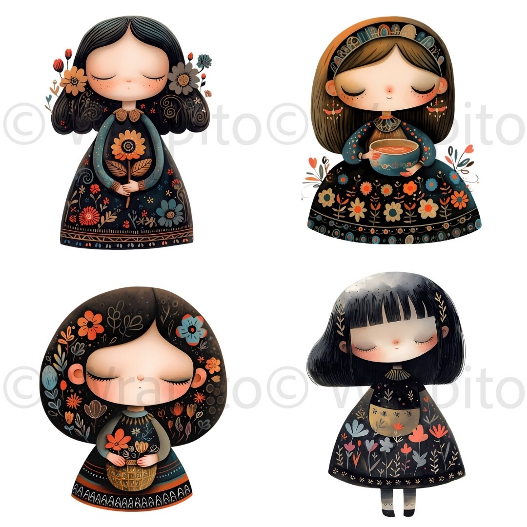 Whimsy Flower Girl Clipart PNG, Cute Girl Clipart, Folk Fashion Girl ...