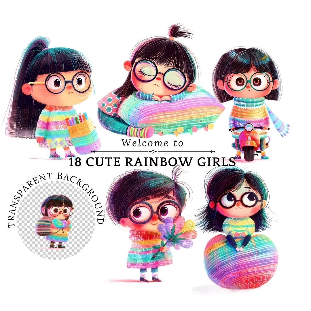 18 Rainbow Quirky Girls Clipart, Quirky Girl, Colorful Girl, Cute ...
