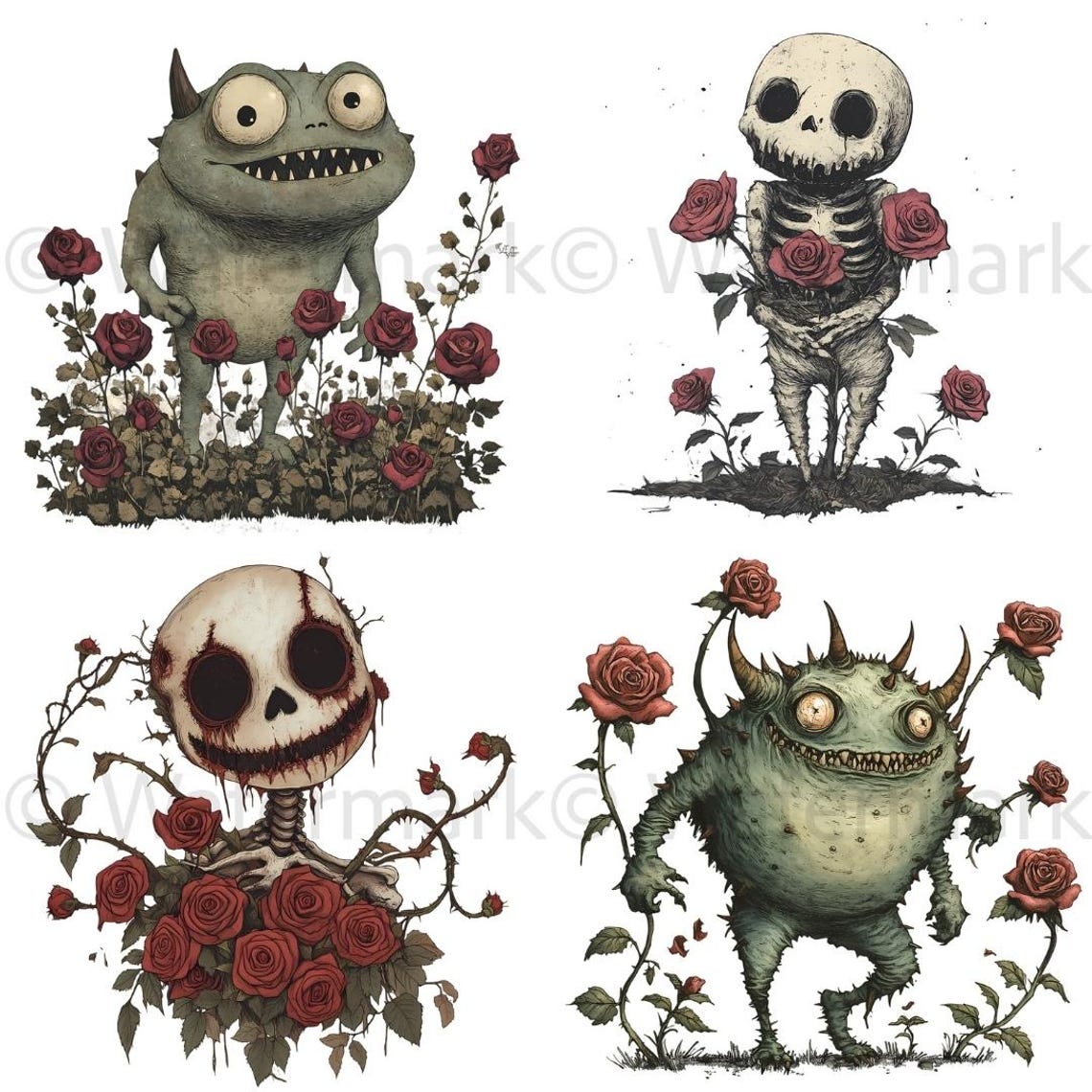 Gothic Creatures Clipart: Watercolor Red Roses, Skeleton, Monster PNG ...