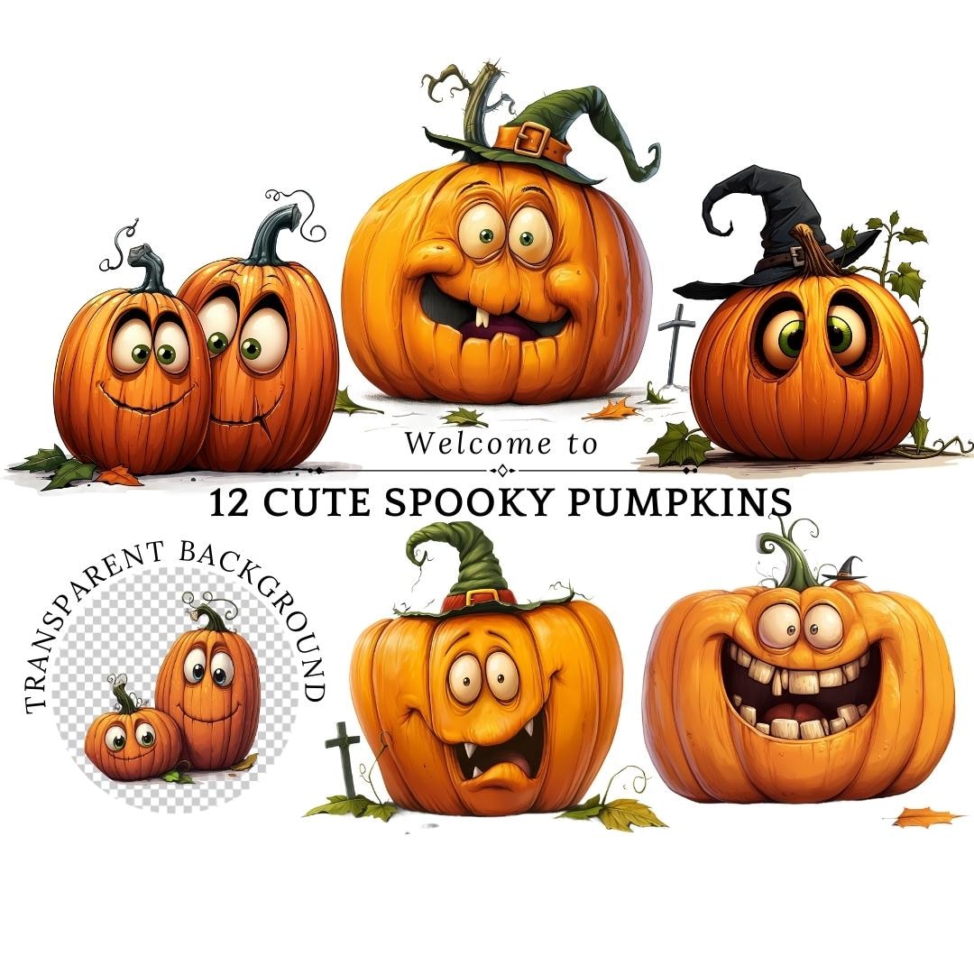 Halloween Pumpkins Clipart: Spooky Costume Pumpkins (PNG Digital ...