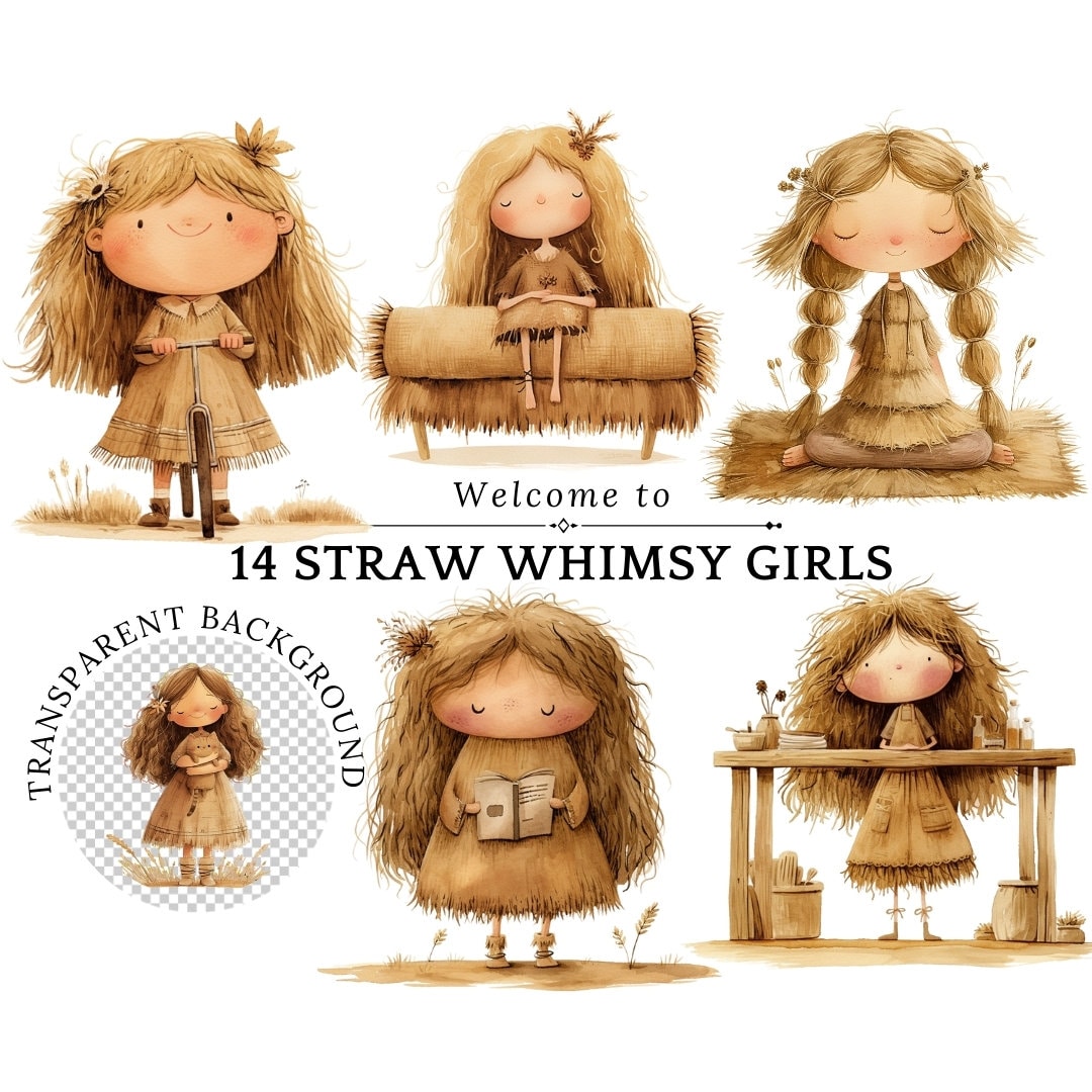 Whimsy Flower Girl Clipart, Handmade Style Girls PNG, Straw Countryside ...