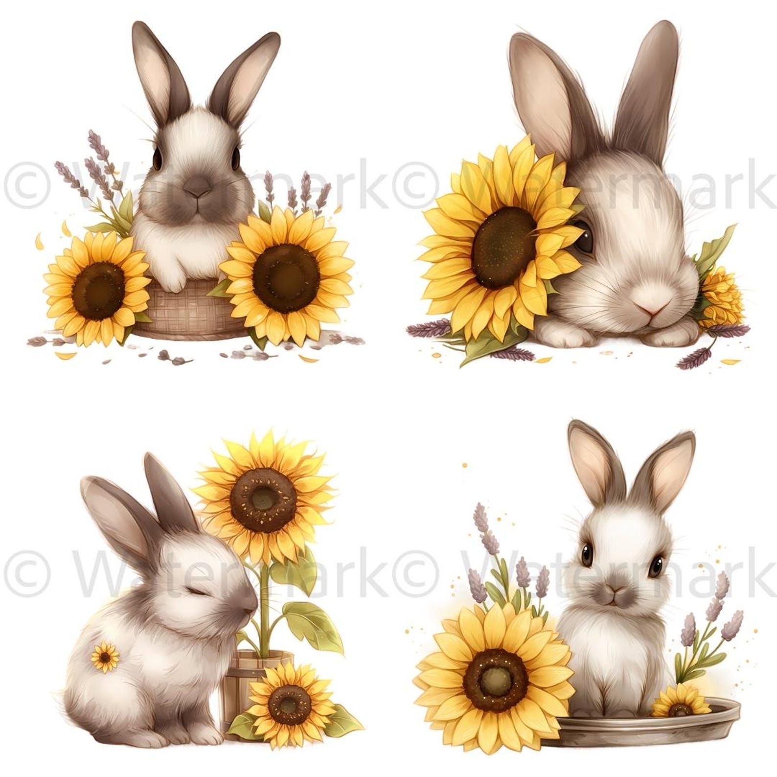Cute Rabbit Clipart Sunflower Clipart PNG Files Rabbits Design ...