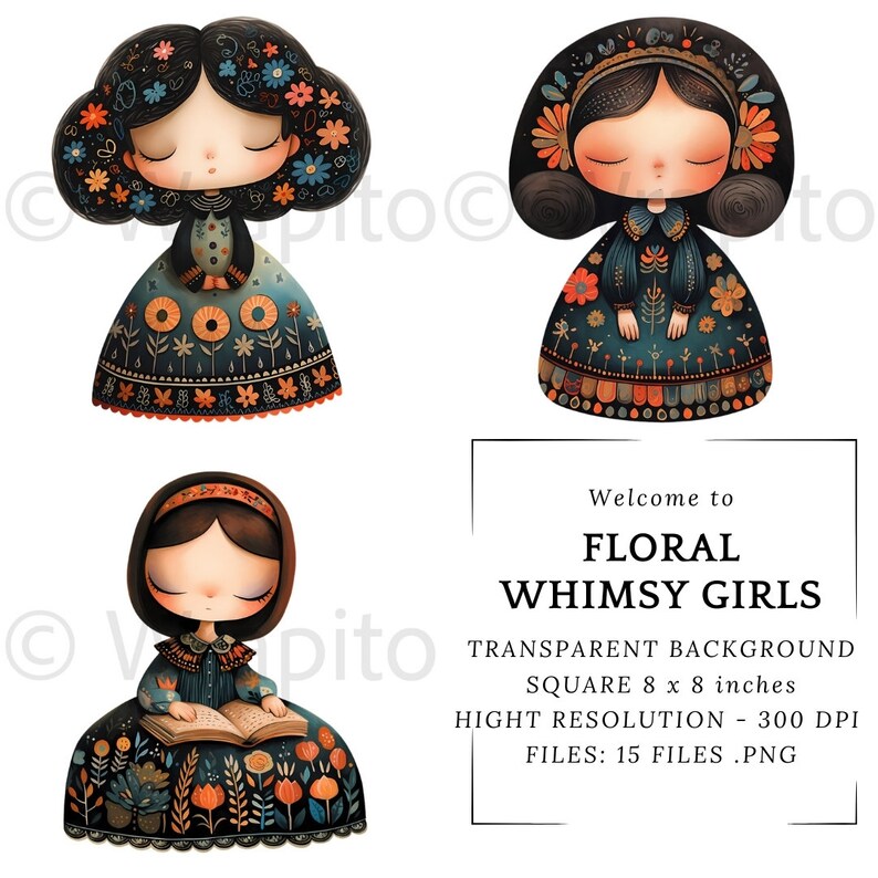 Whimsy Flower Girl Clipart: Folk Style Dolls PNG Transparent Background ...