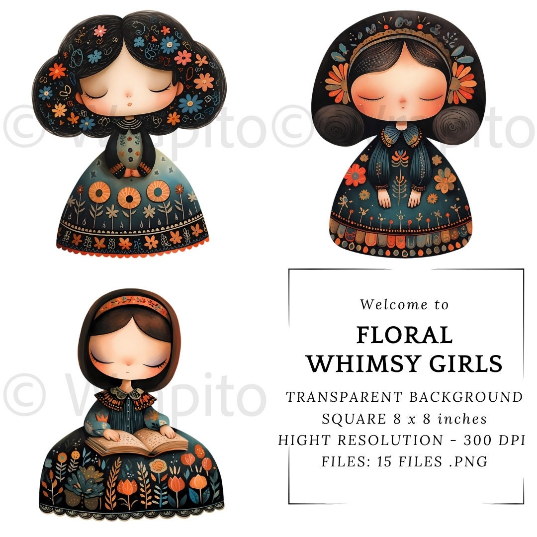 Whimsy Flower Girl Clipart PNG, Cute Girl Clipart, Folk Fashion Girl ...
