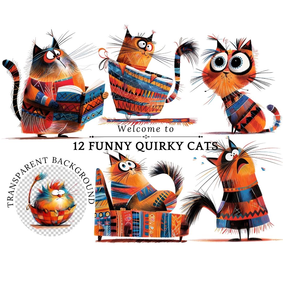 Quirky Cat Clipart PNG: Boho Whimsical Illustrations Transparent ...