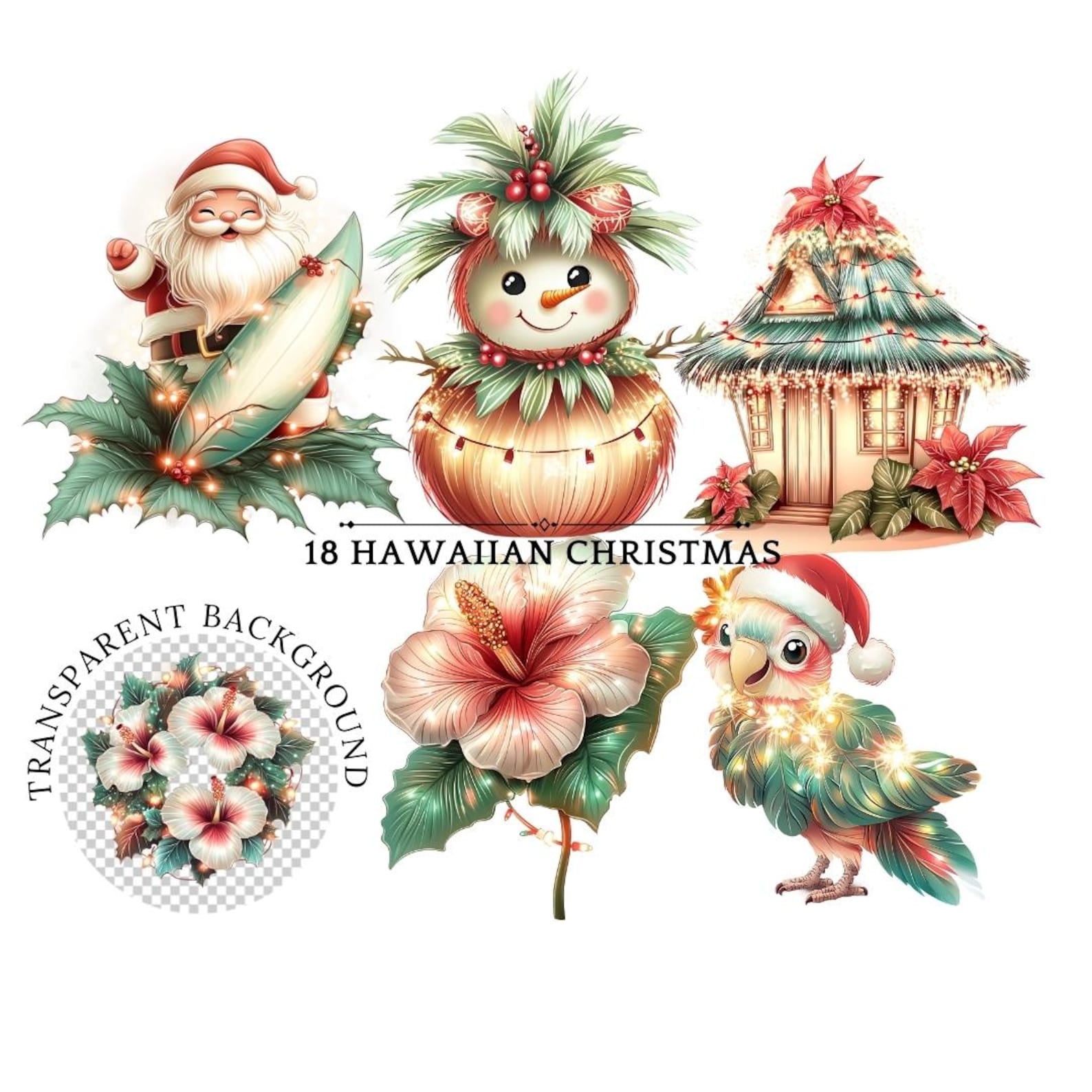 Hawaiian Christmas Clipart | Tropical Holiday Watercolor Clipart ...