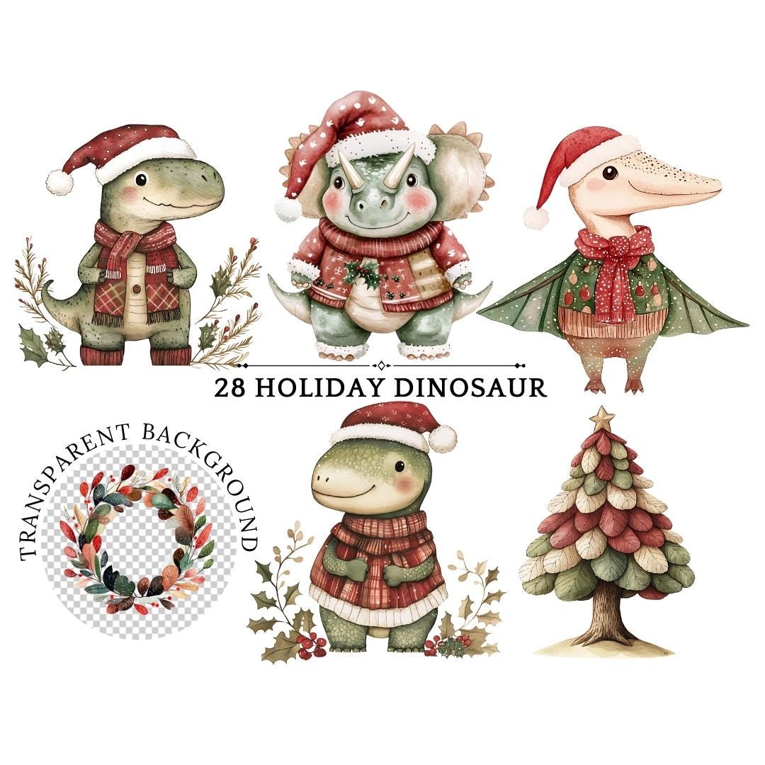 Christmas Dinosaur Clipart: Holiday T-rex Dino PNG (digital Download ...