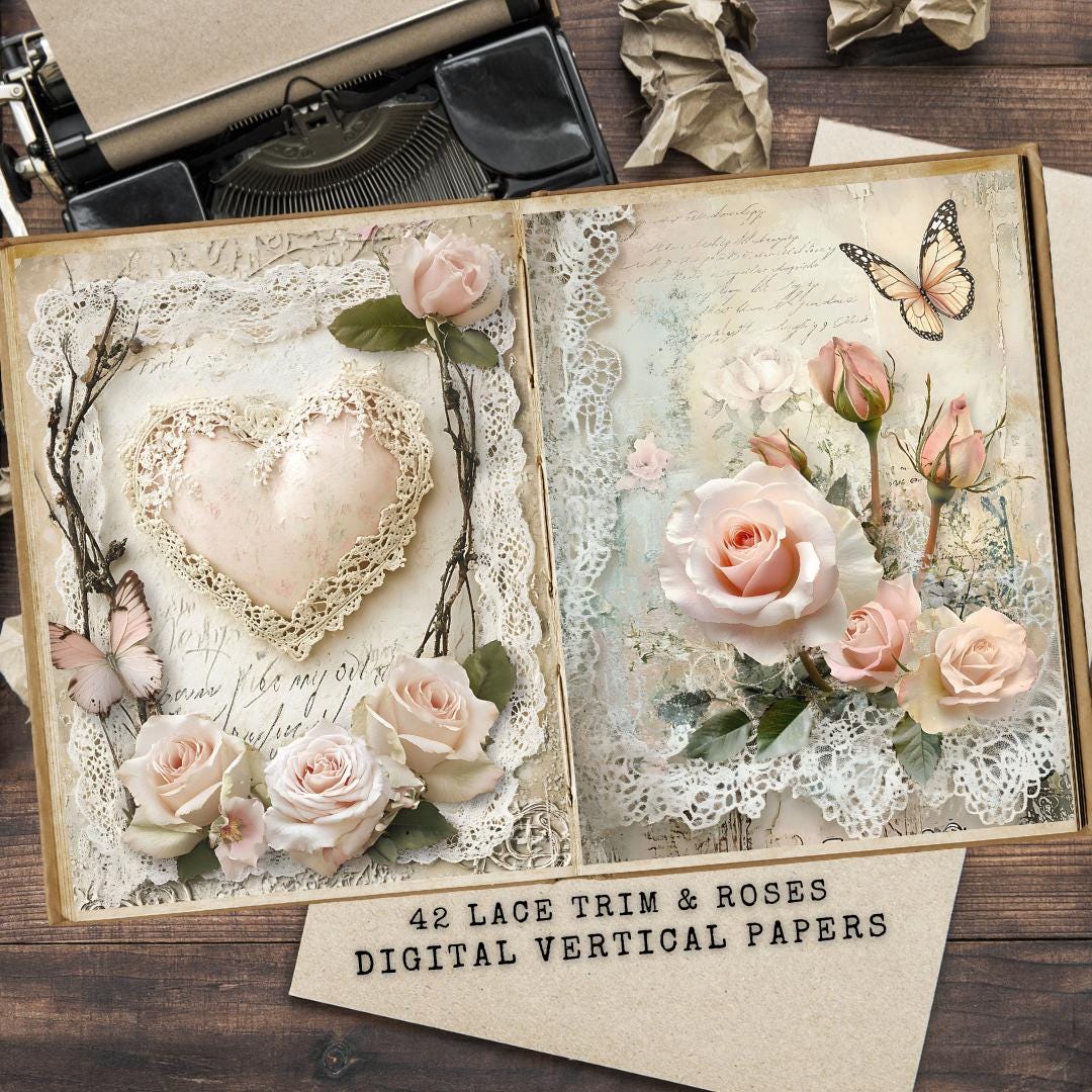 Vintage Lace & Roses Printable Paper: Scrapbook Journal Embellishments ...