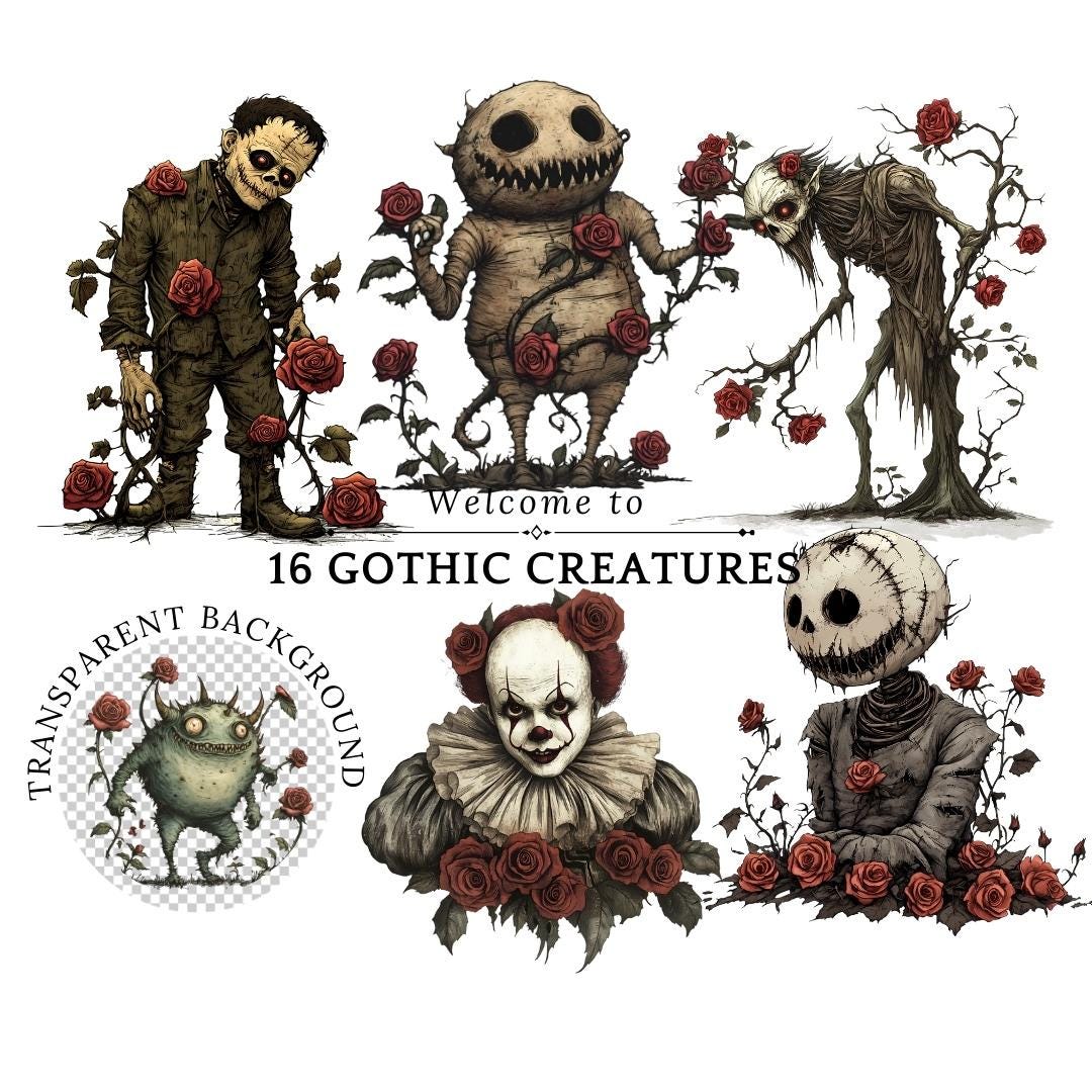 Gothic Creatures Clipart, Gothic Red Roses PNG, Scary Watercolor Dark ...