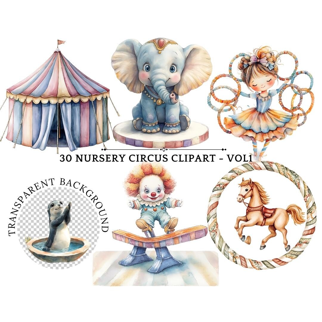 Watercolor Circus Animals Clipart: Pastel Carnival Graphics (digital ...