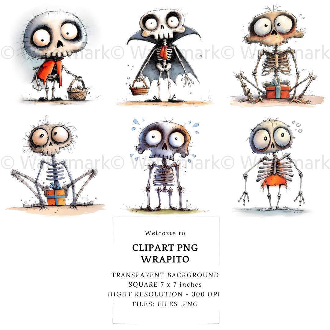 Funny Halloween Skeleton Clipart: Childish Hand Drawn Style Spooky ...