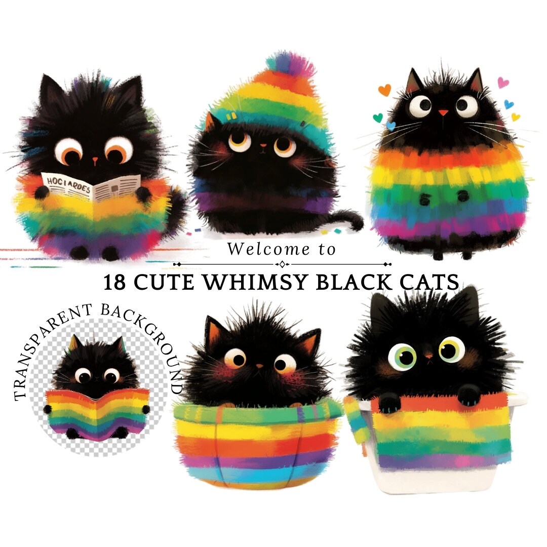 Cute Whimsy Black Cat PNG Clipart, Cat With Rainbow PNG, Whimsy Cute ...