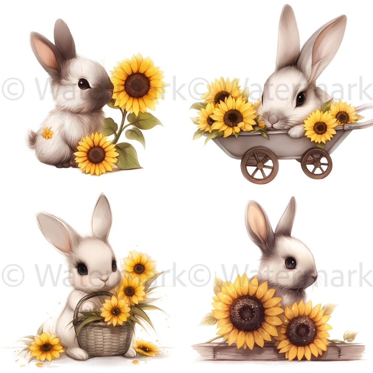 Cute Rabbit Clipart Sunflower Clipart PNG Files Rabbits Design ...