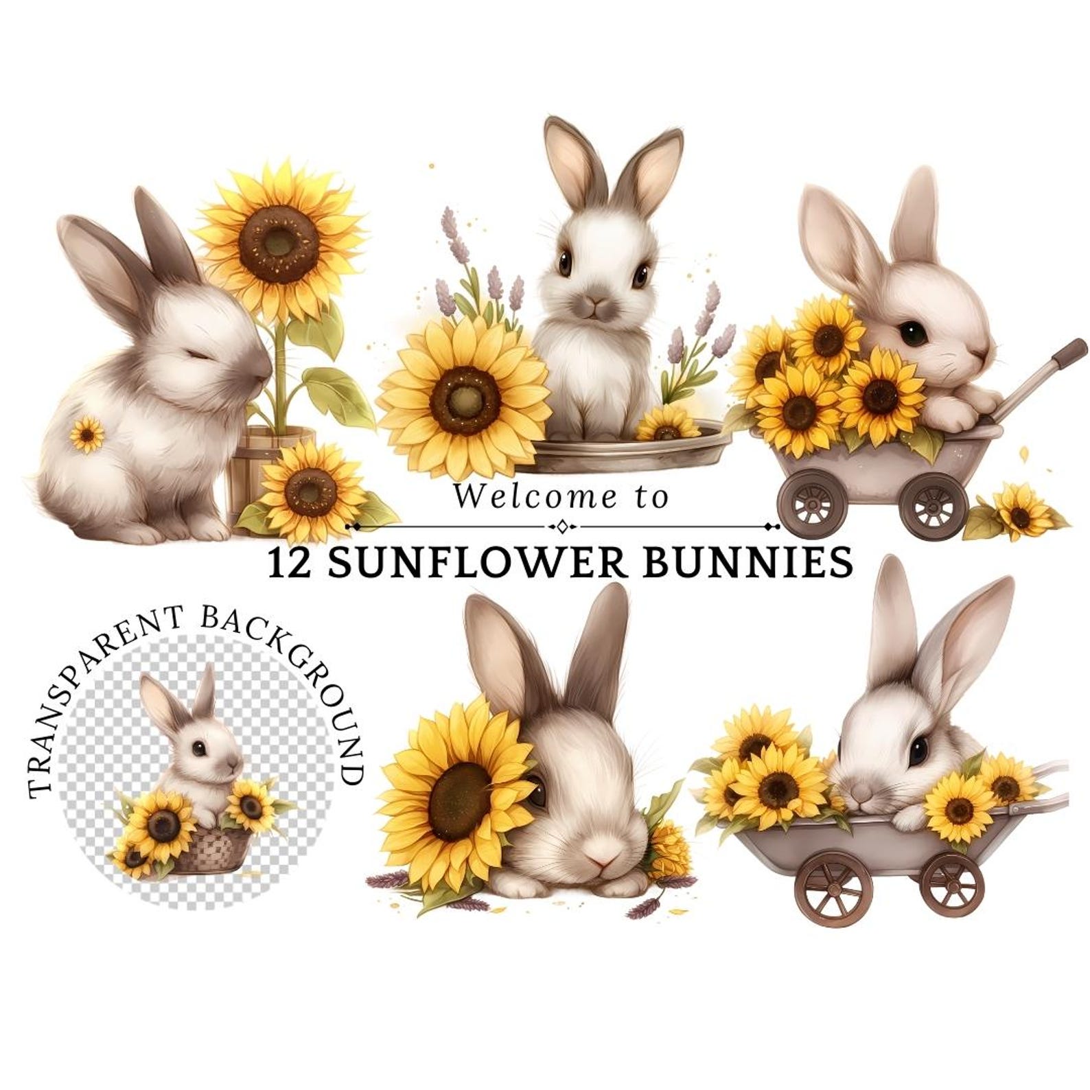 Cute Rabbit Clipart Sunflower Clipart PNG Files Rabbits Design ...