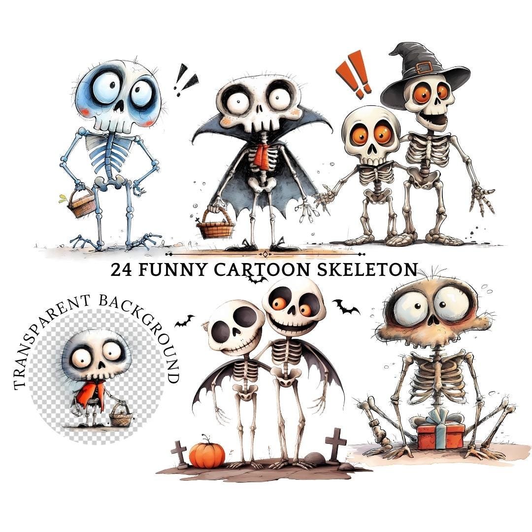 Funny Halloween Skeleton Clipart: Childish Hand Drawn Style Spooky ...