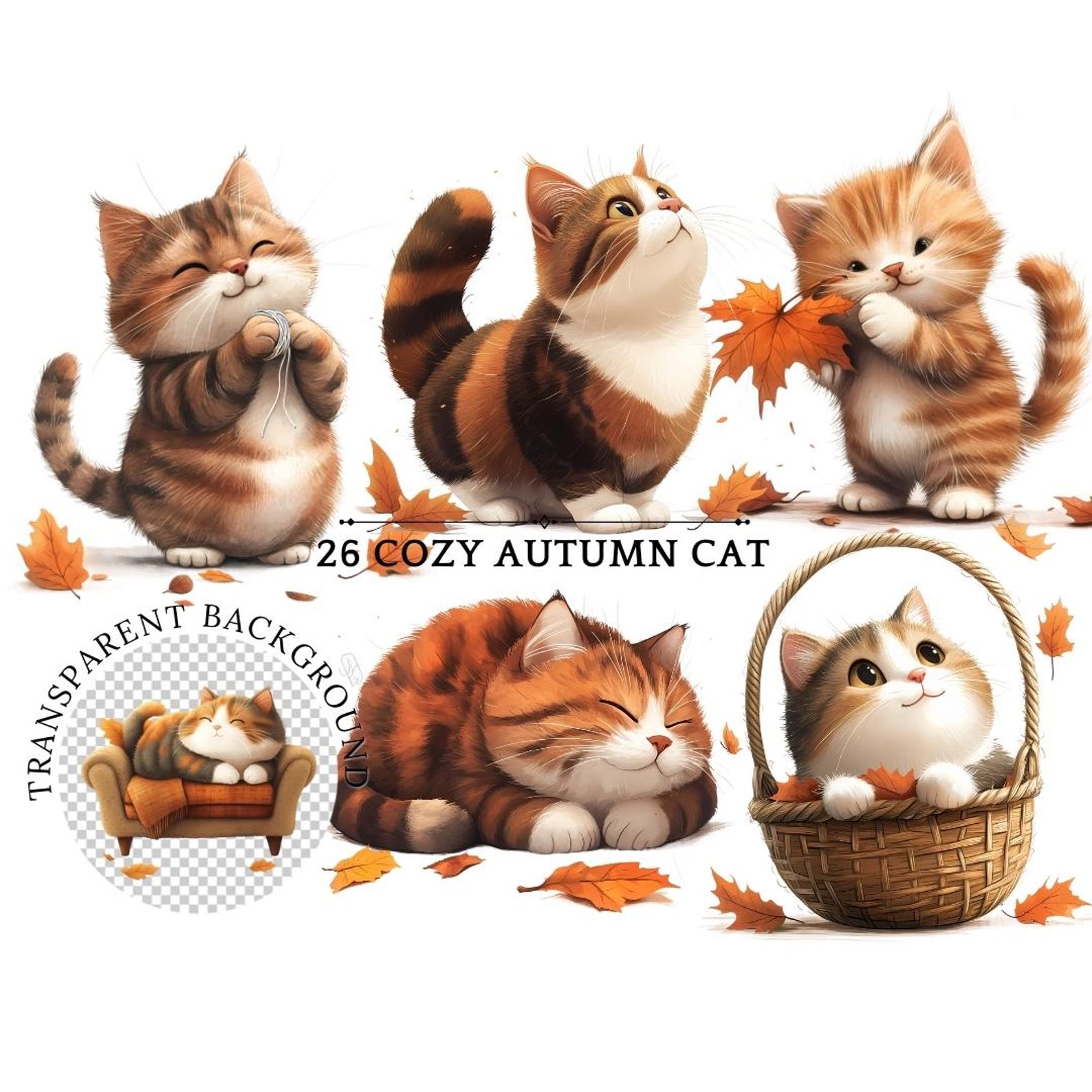 Autumn Cat Clipart PNG, Cute Ginger Cat With Fall Leaves, Cozy Autumn ...