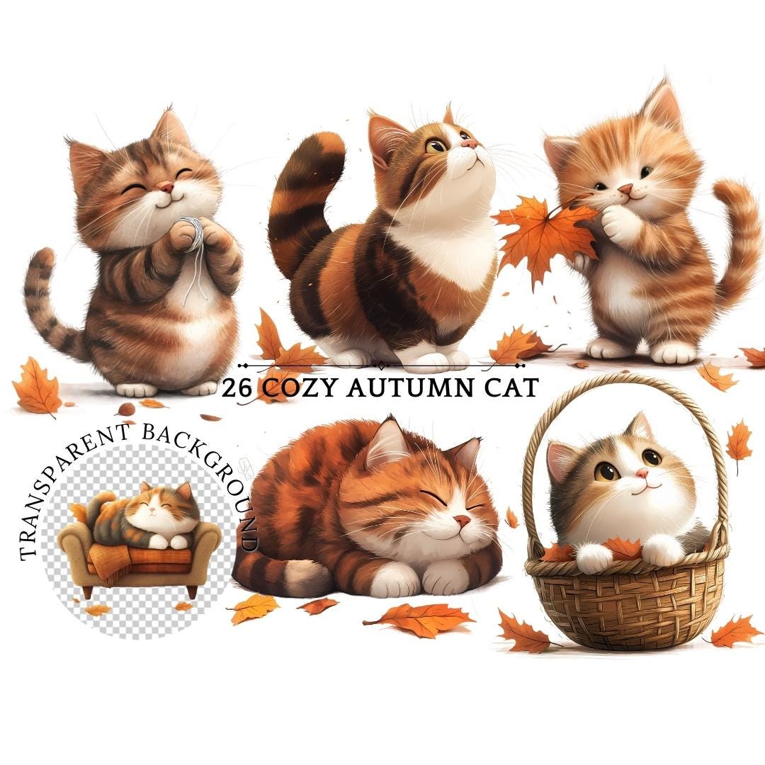 Autumn Cat Clipart PNG, Cute Ginger Cat With Fall Leaves, Cozy Autumn ...