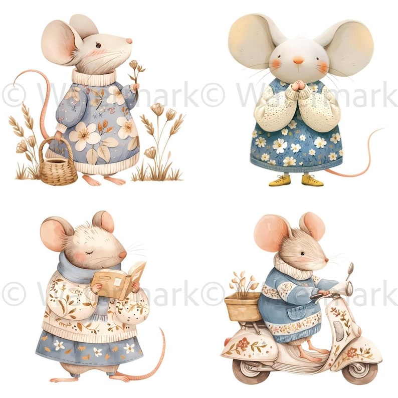 Cute Dressed Mouse Cartoon Digital PNG Characters, Clipart Mouse ...