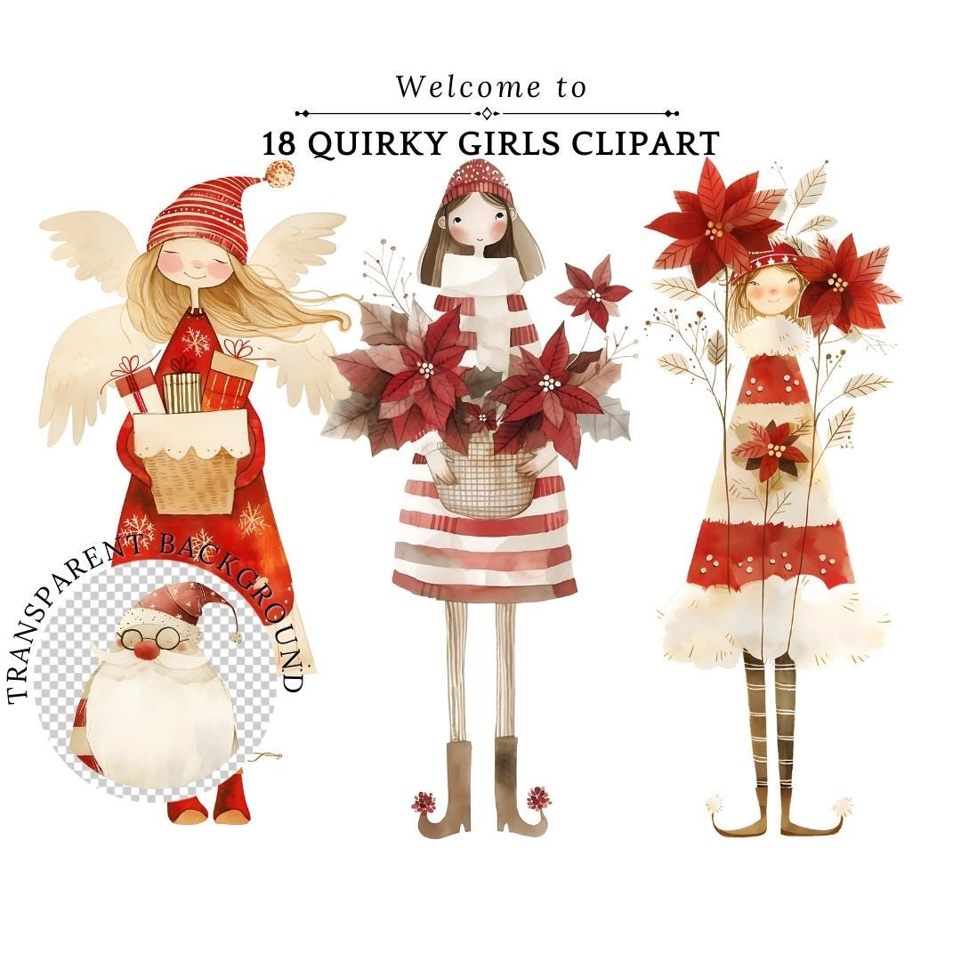Quirky Christmas Girl Clipart: Whimsical Watercolor Pngs (digital ...