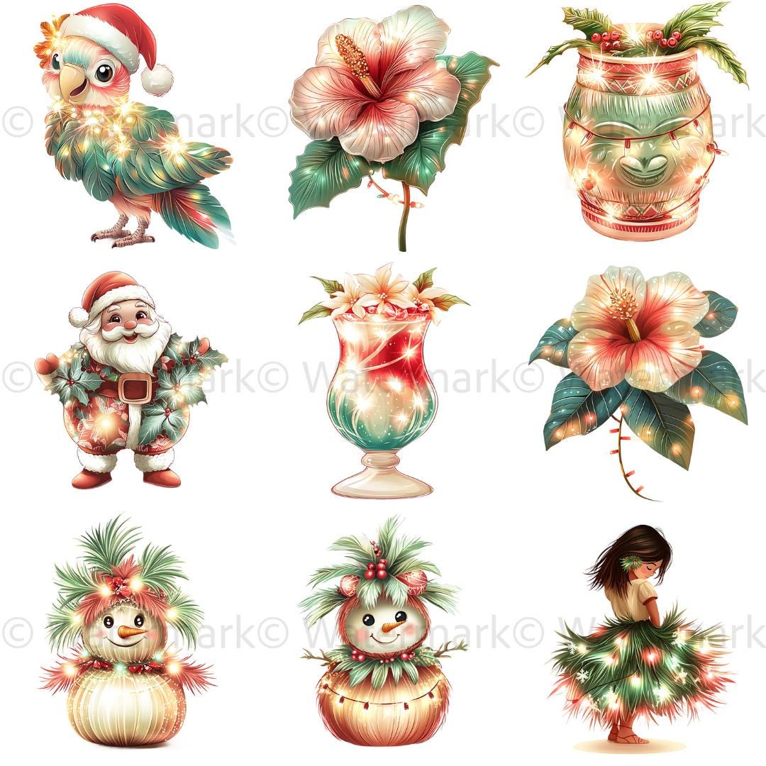 Hawaiian Christmas Clipart | Tropical Holiday Watercolor Clipart ...