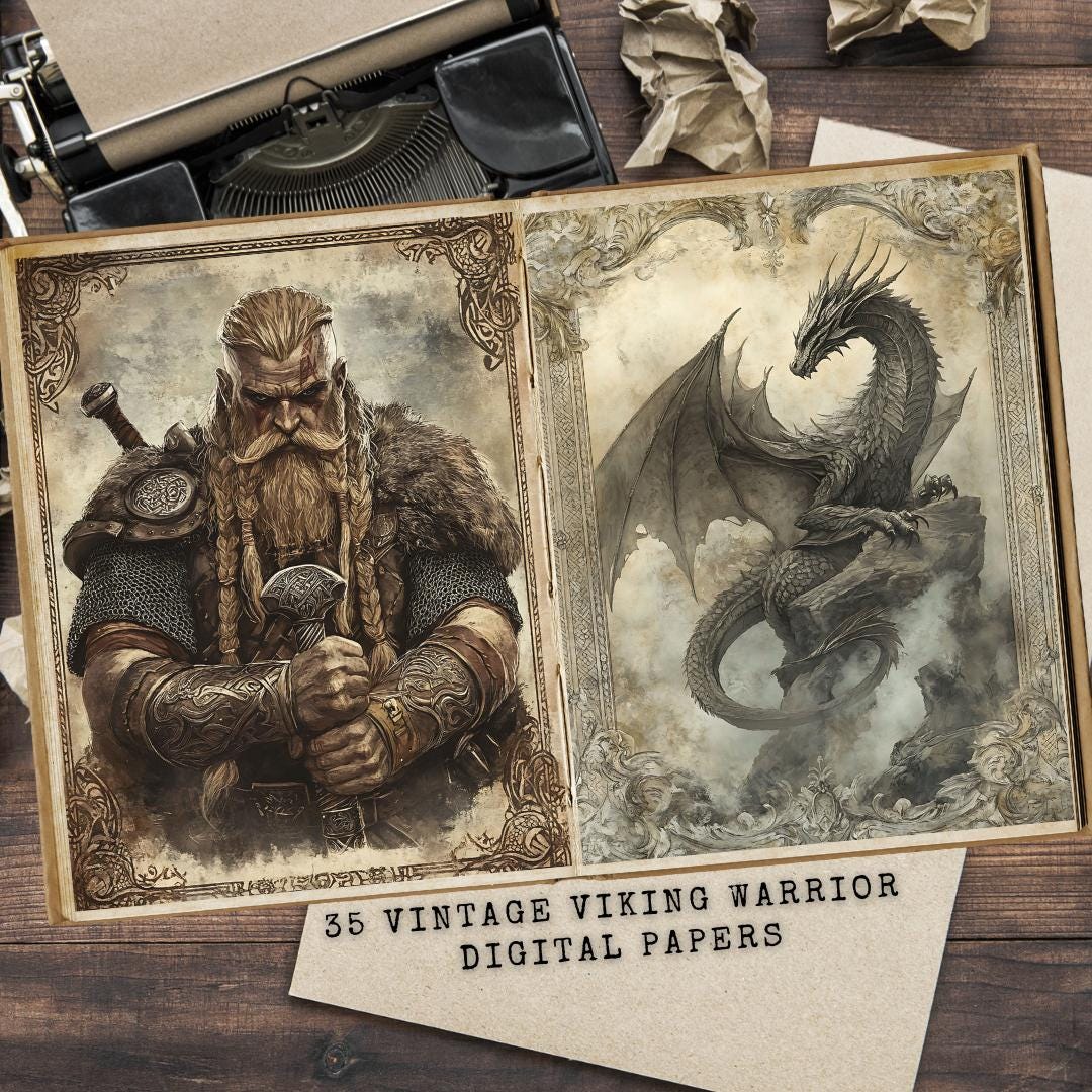 Viking Warrior Junk Journal Paper: Norse Mythology Art, Dragons Vintage ...