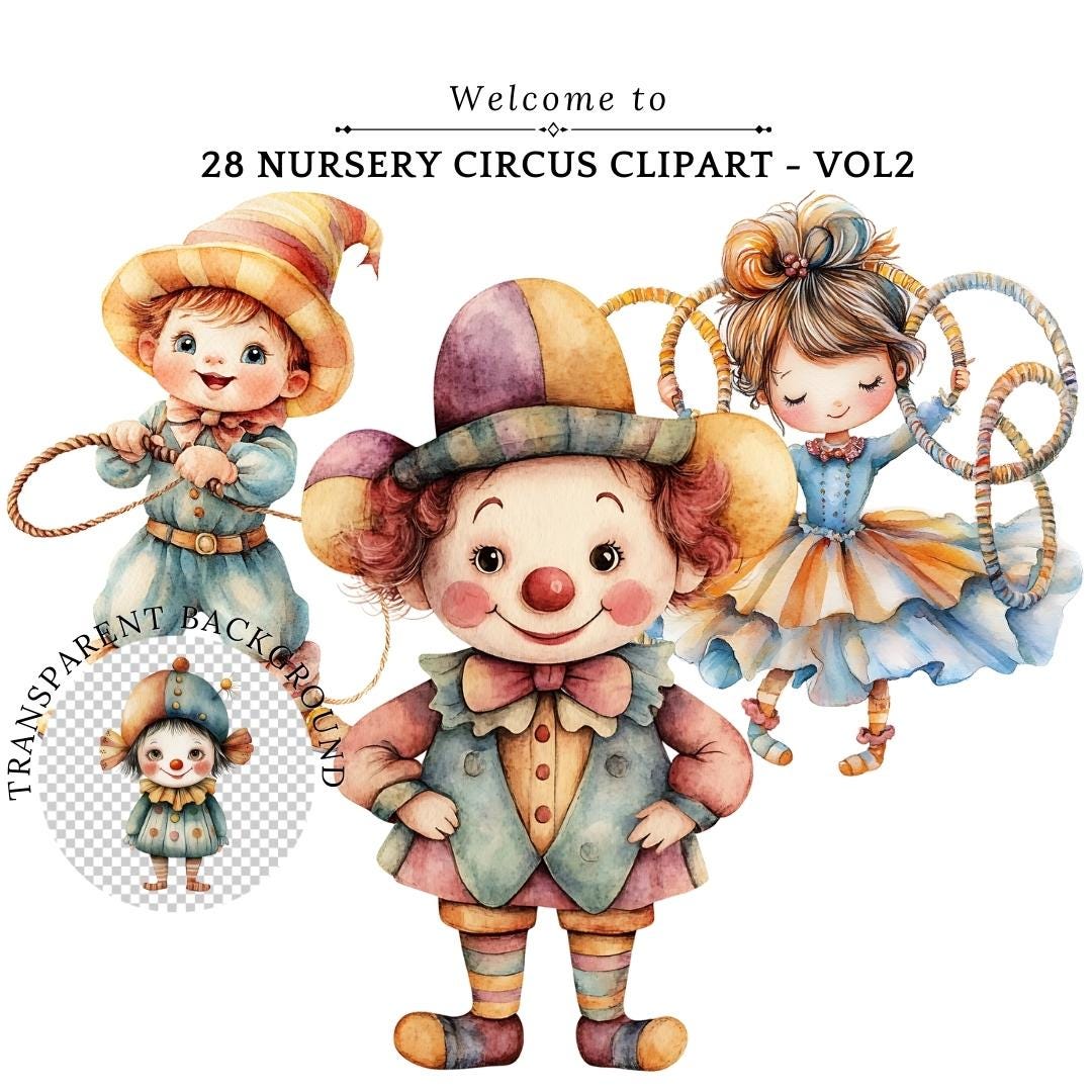 Vintage Circus Characters Clipart: Pastel Watercolor Carnival Graphics ...
