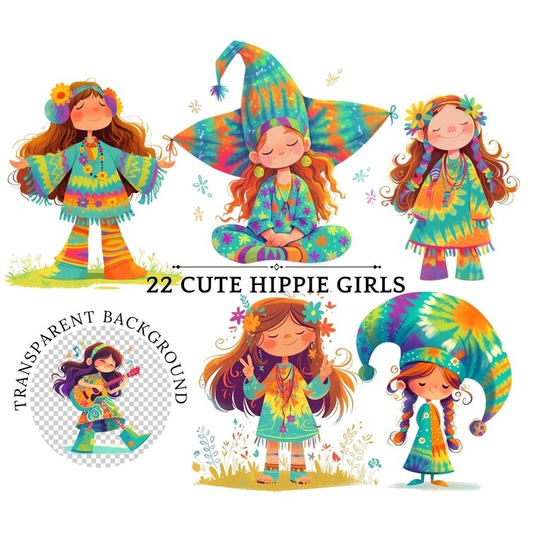 70s Hippie Girl Clipart: Psychedelic PNG Graphics Transparent ...