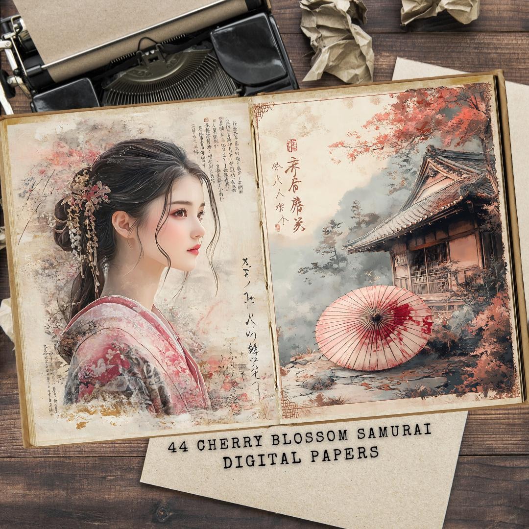 Cherry Blossom Samurai Journal Pages - Asian Digital Paper - Vintage ...