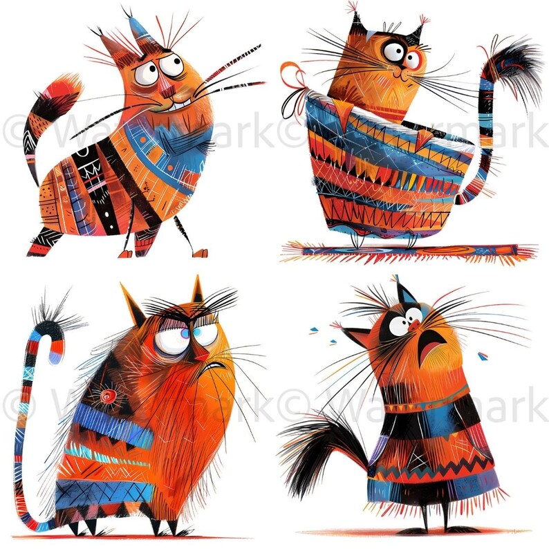 Quirky Cat Clipart PNG: Boho Whimsical Illustrations Transparent ...