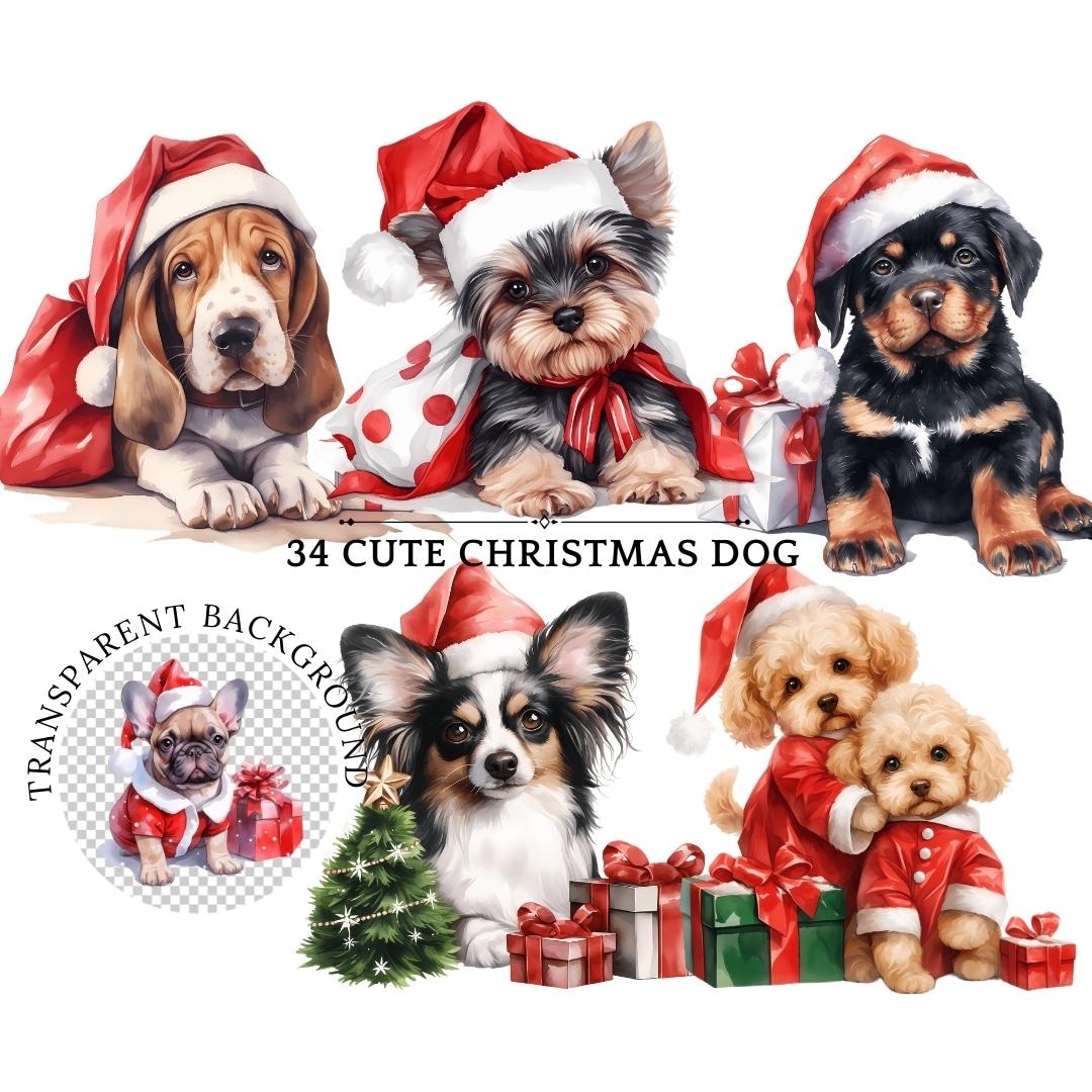 Christmas Dog Clipart PNG: Holiday Puppy With Santa Hat (digital ...