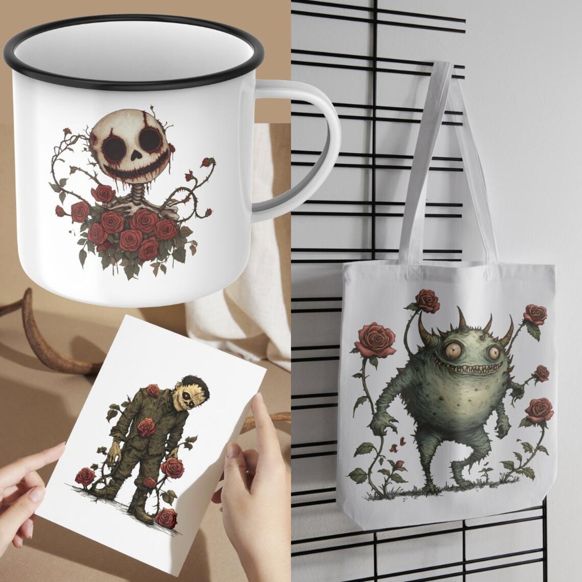 Gothic Creatures Clipart: Watercolor Red Roses, Skeleton, Monster PNG ...