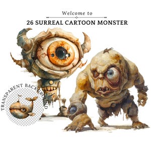 Surreal Cartoon Monster Clipart Set, High-definition Watercolor Fantasy ...