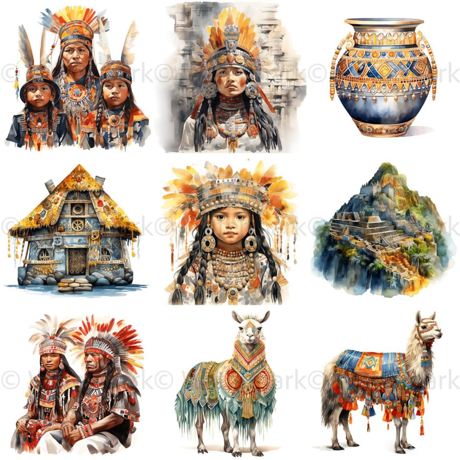 Inca Empire Clipart PNG: Watercolor Peruvian Designs (digital Download ...