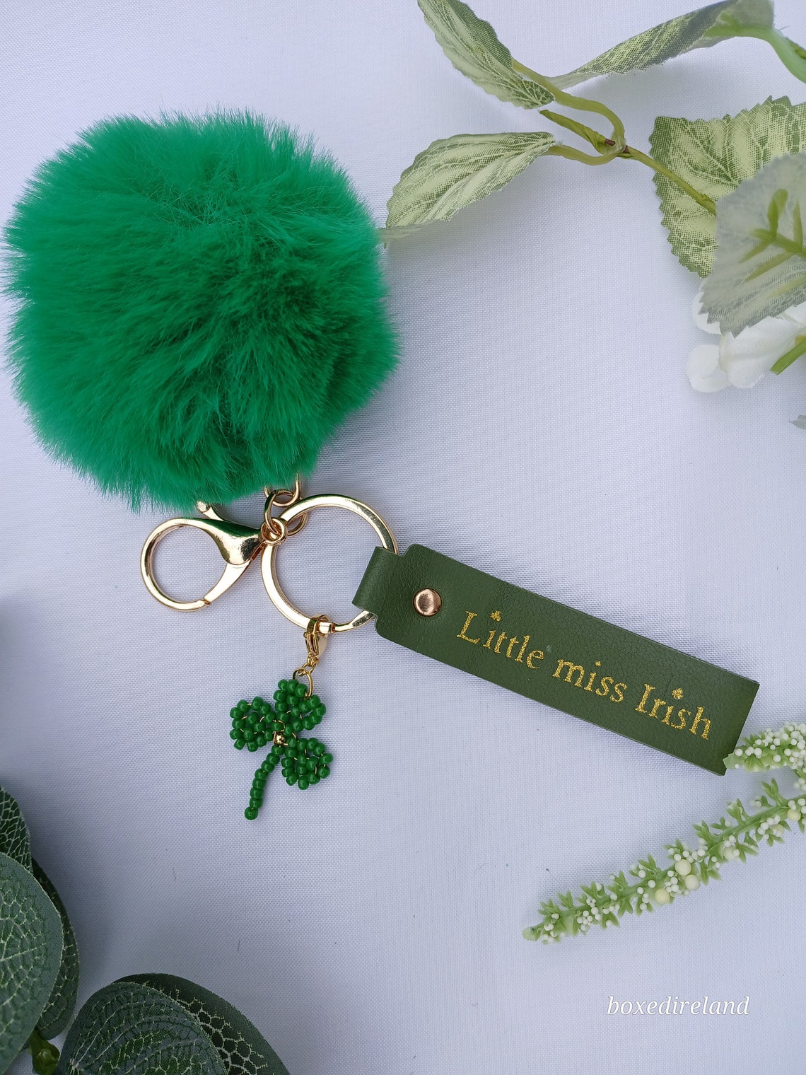 Bespoke Handmade Little Miss Irish Green Pom Pom Keychain With Beaded ...