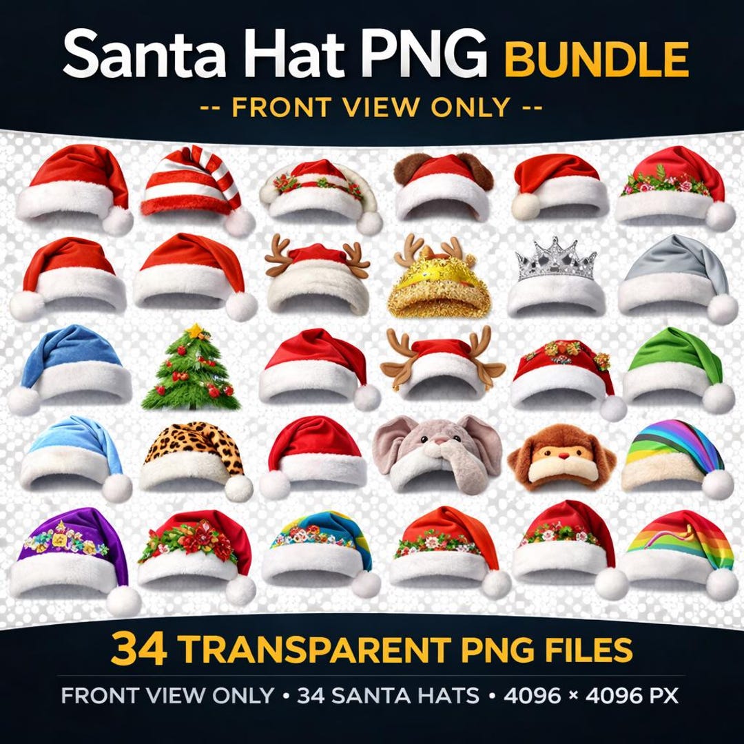 Santa Hat PNG Bundle – Front View Only | 34 Christmas Hats | 4096x4096 ...
