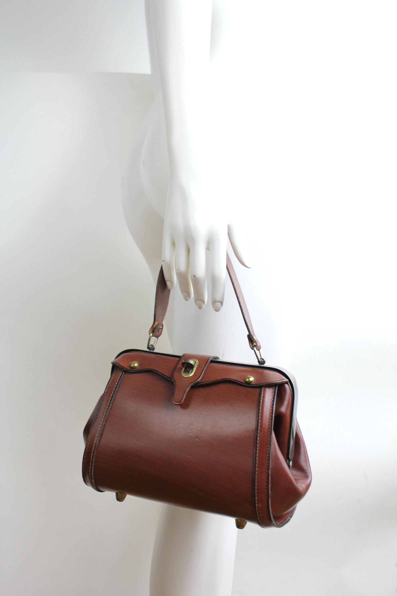 Vintage 1960s Leather Handbag | Sienna Brown Leather Structured Bag - Etsy