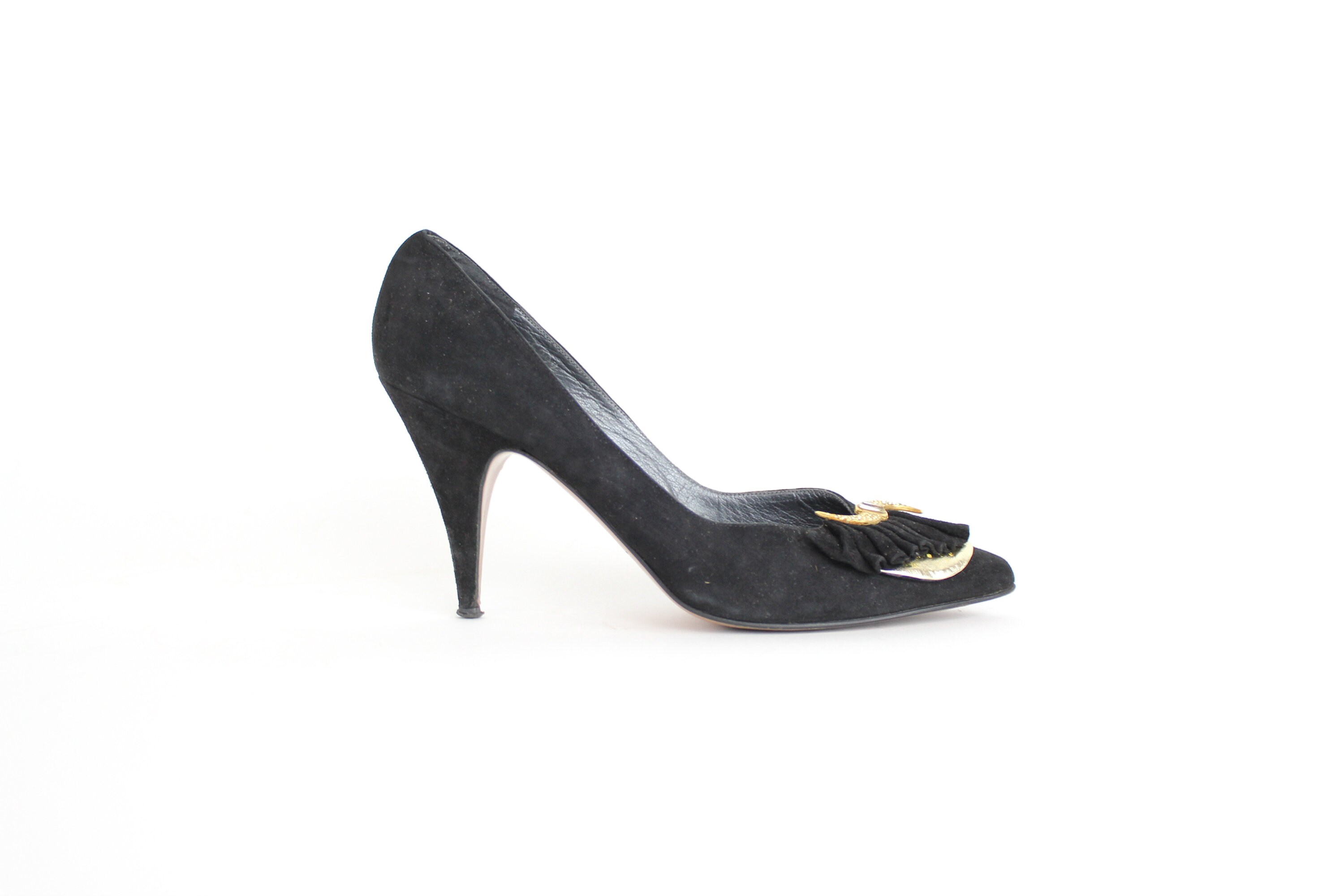 Sz 8 Vintage 1980s Fancy Black Leather Pumps | Versani Jeweled Pleated ...