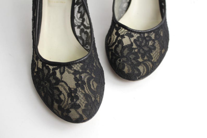 Sz 10.5 Italian Black Lace and Leather Pumps | Black Brocade Lace Pumps ...